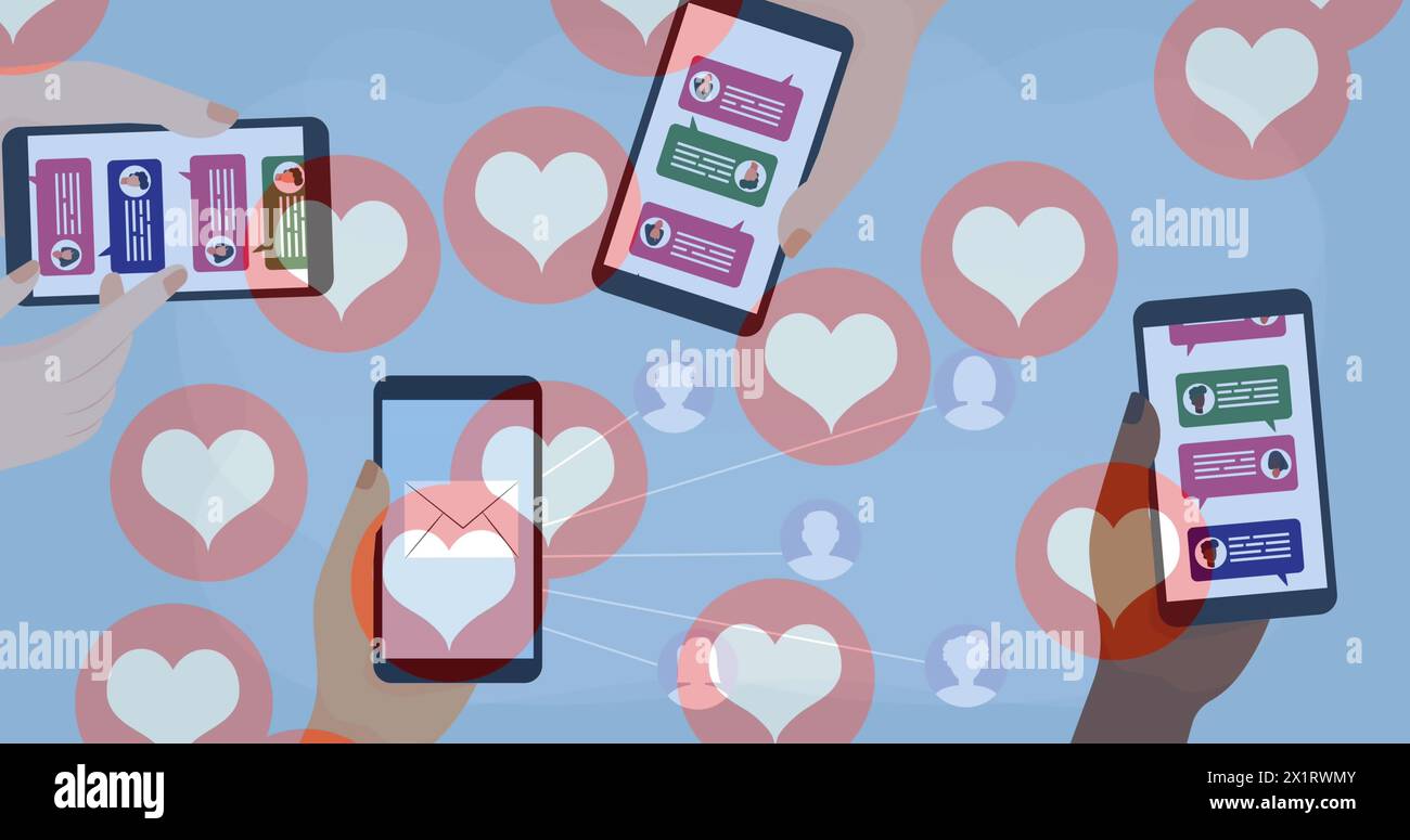 Hands with phones swap messages and hearts on blue, including children ...