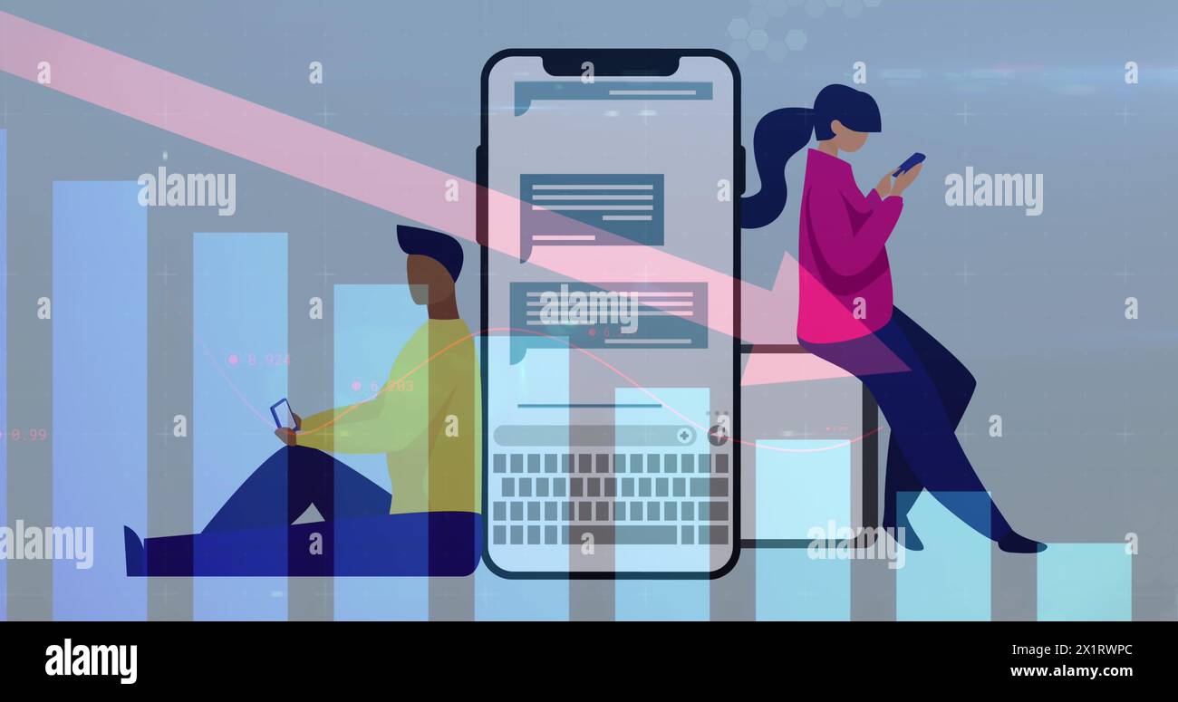 Man sitting holding phone, woman leaning on oversized phone checking ...