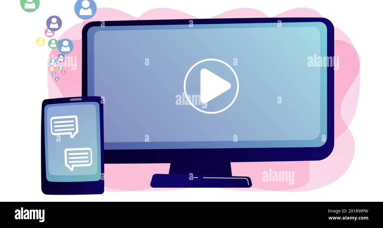 A computer monitor displaying play button and a smartphone showing message bubbles Stock Photo ...