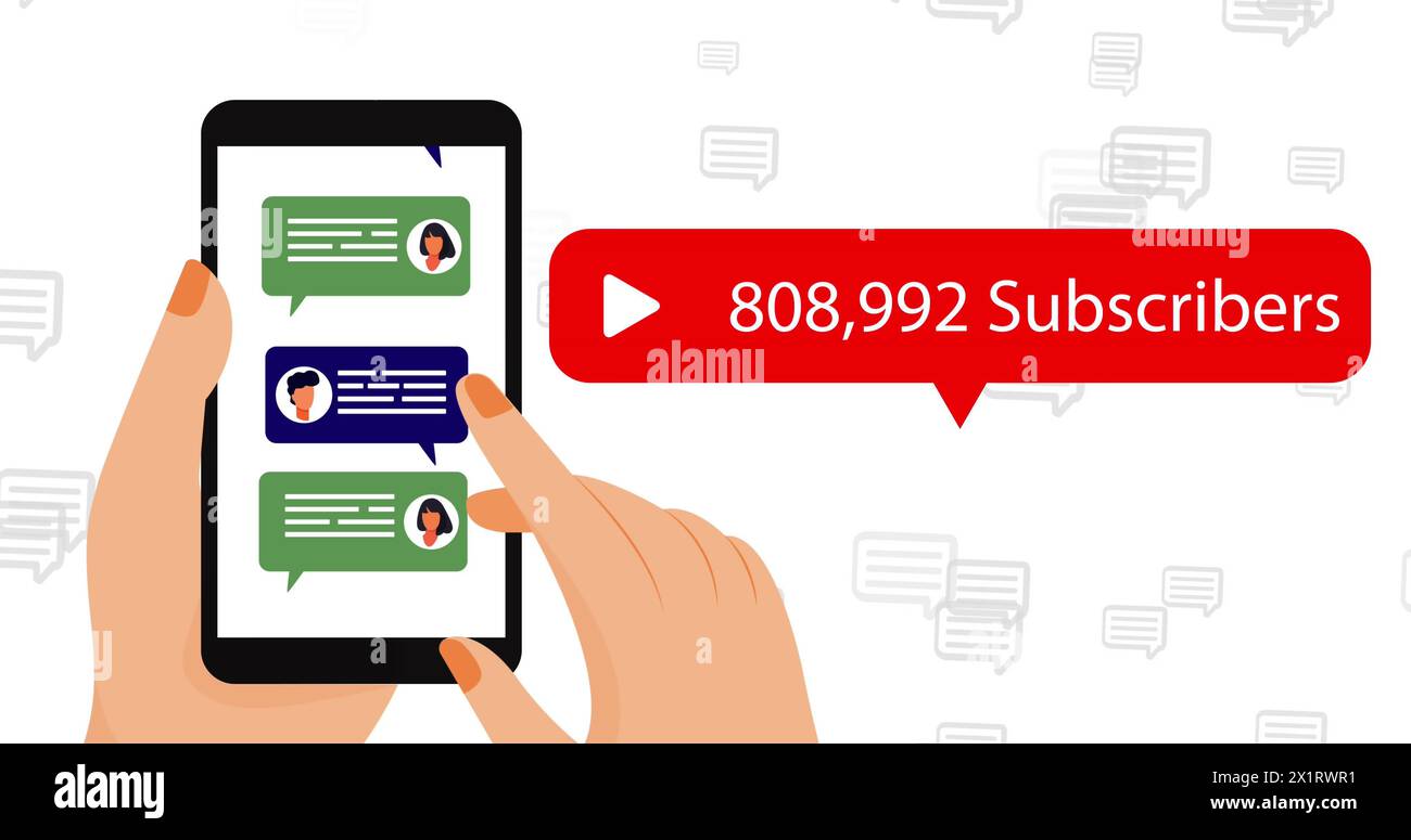 Hands holding smartphone showing subscriber count, messages on screen ...