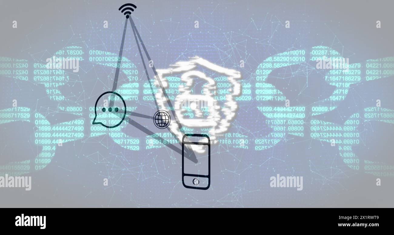 Digital interfaces and symbols floating around smartphone, showing ...