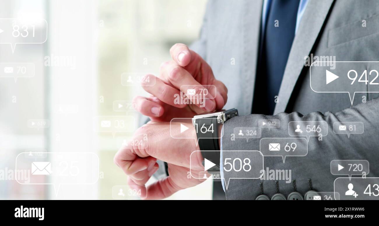 Caucasian male influencer checking smartwatch, icons floating around ...