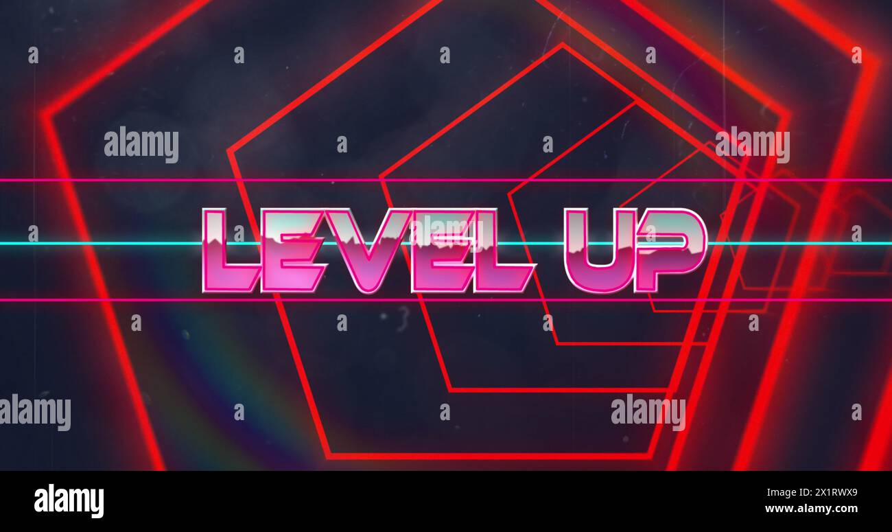 Neon LEVEL UP in a hexagon on dark with red lines Stock Photo - Alamy