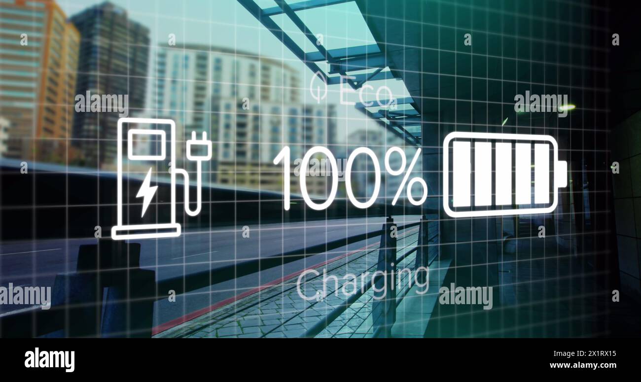 Digital icons showing battery at 100% and a charging symbol overlay a ...
