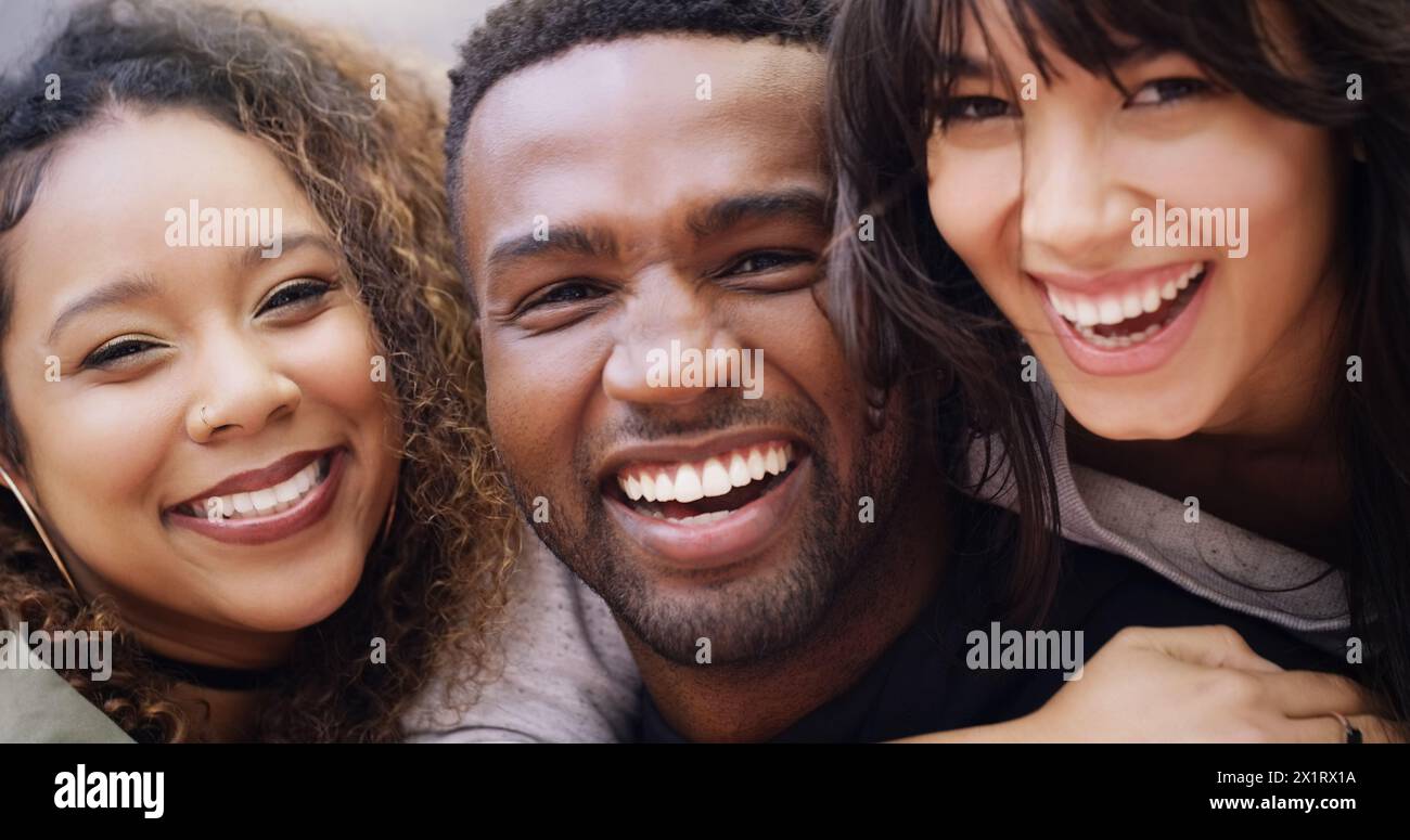 Comedy, diversity and portrait with funny friends closeup together for ...