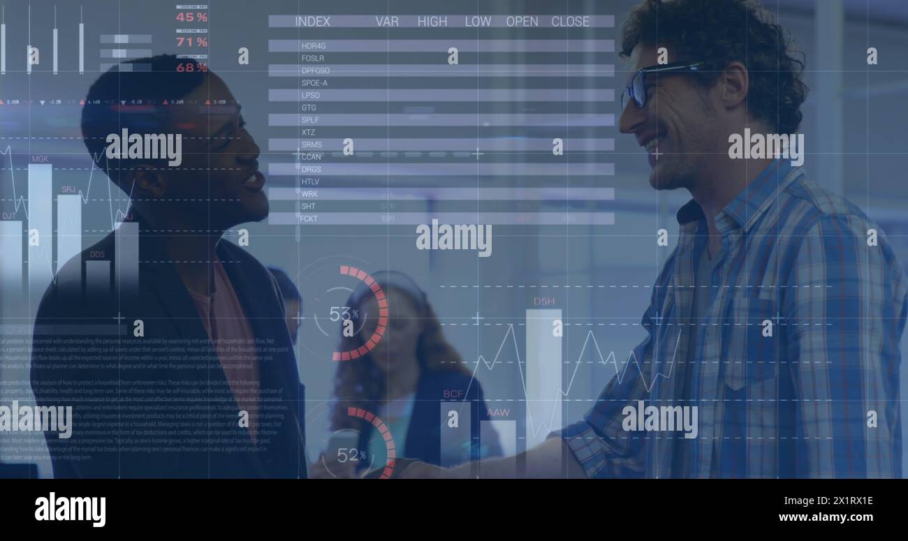 Diverse group of friends discussing over digital data Stock Photo - Alamy