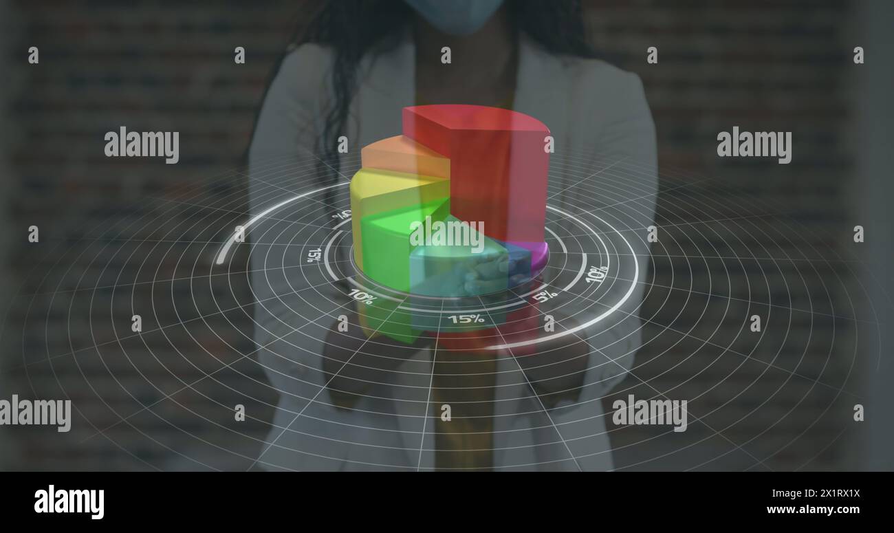 Asian colleague holding holographic 3D pie chart Stock Photo - Alamy