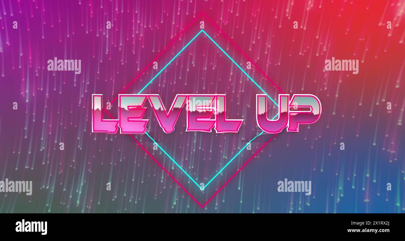 Neon LEVEL UP letters in a diamond on a vibrant background. Rain-like ...