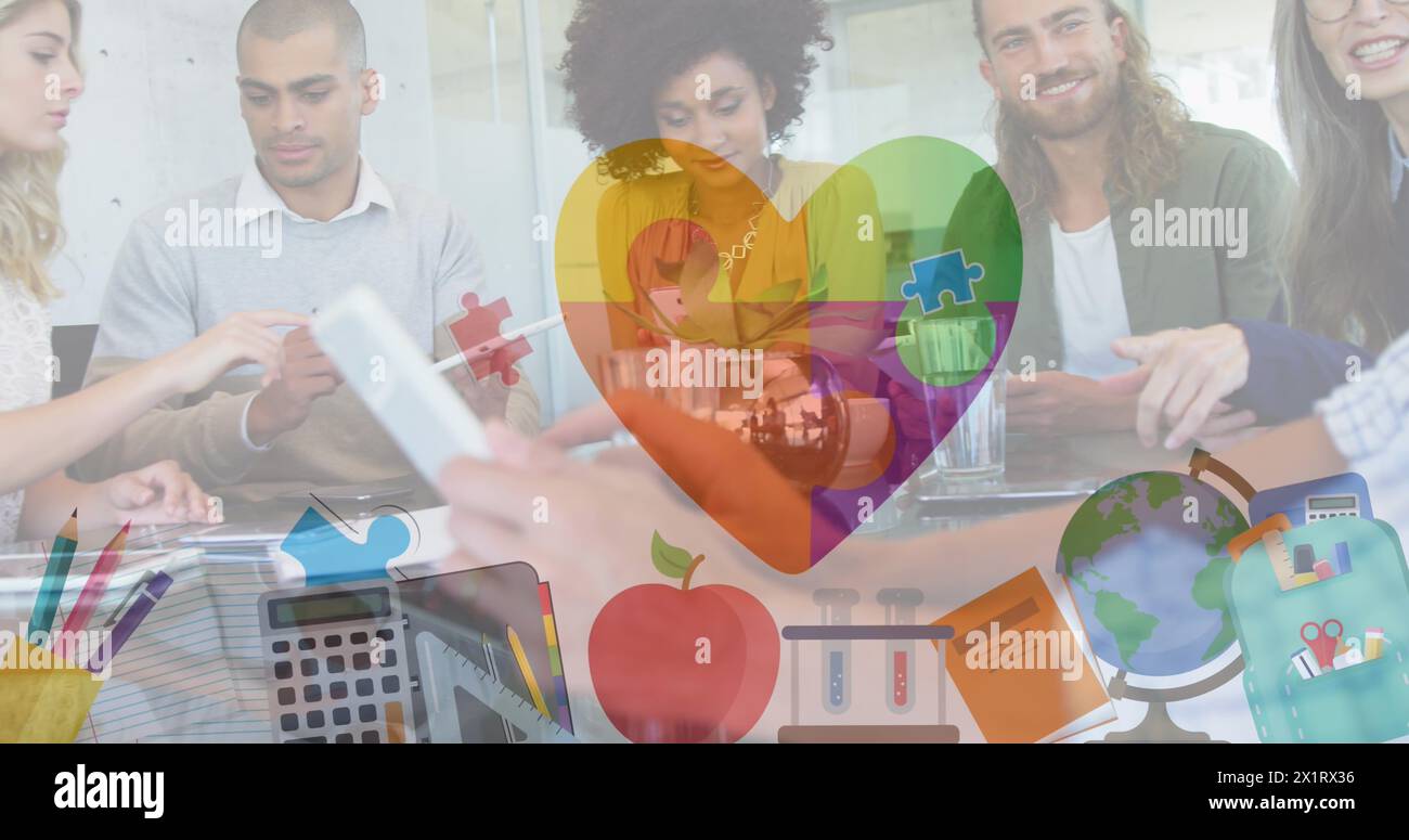 Friends of varied backgrounds talk at table, with vibrant education ...