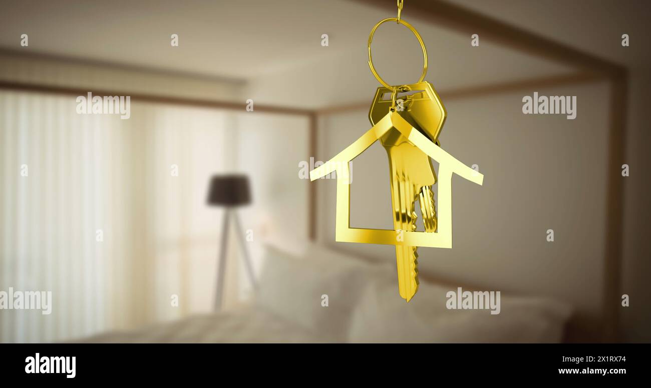Golden house-shaped keychain with keys hanging in bedroom Stock Photo ...