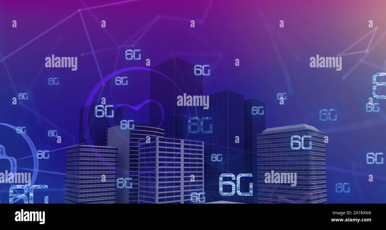 Digital graphics showing skyscrapers with overlay of 6G network symbols ...