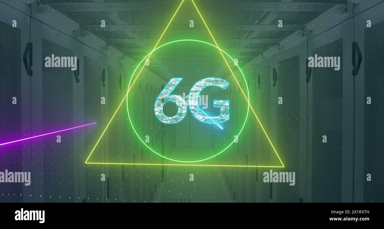 A neon green triangle encloses blue 6G symbol inside a server room Stock Photo - Alamy