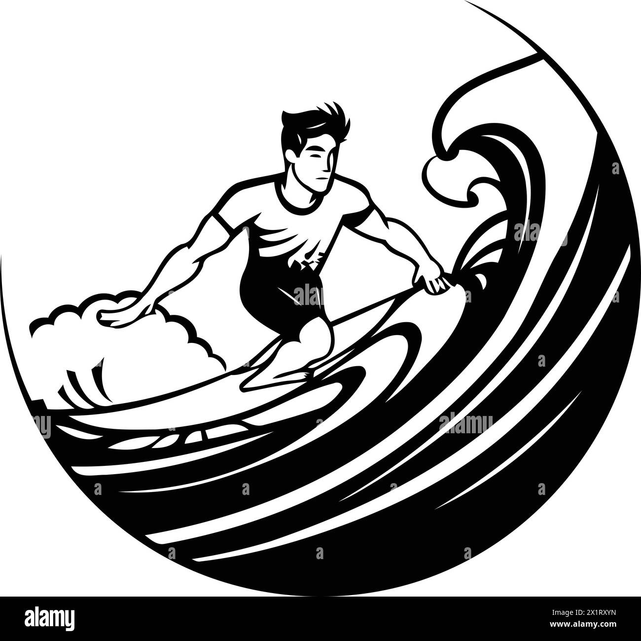 Vector illustration of a surfer riding a wave viewed from the side set ...