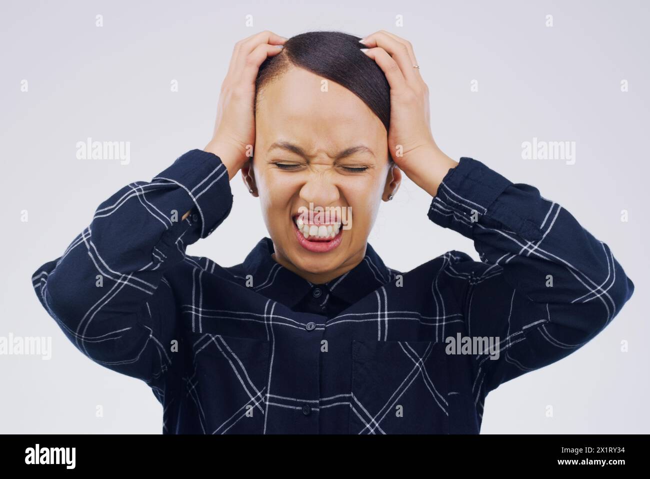 Stress, worry and woman in studio with mistake, fail or crisis for ...