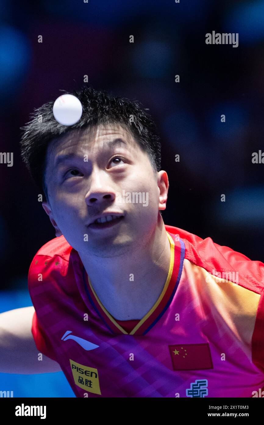 Macao, China. 18th Apr, 2024. Ma Long of China serves during the men's ...