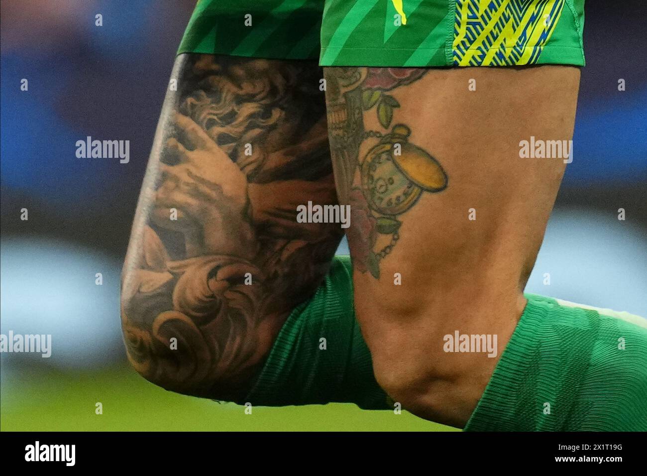 Manchester, UK. 17th Apr, 2024. Ederson's tattoos of Manchester City ...