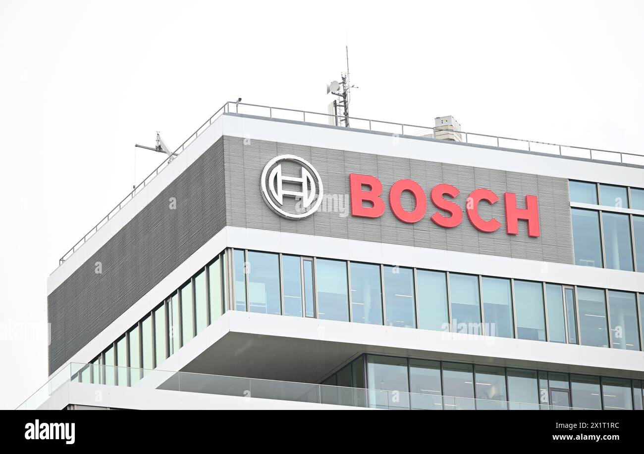 Renningen, Germany. 18th Apr, 2024. The logo of the Bosch technology group is attached to a ...