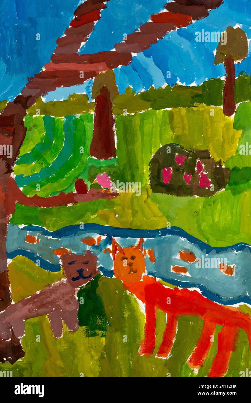 Child picture of cat and dog in forest Stock Photo - Alamy