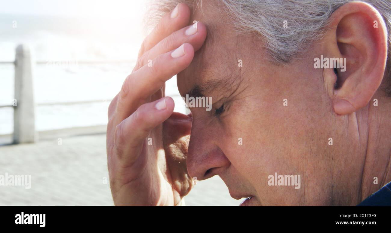 Old man, hand and headache pain or outdoor with brain fog in retirement ...