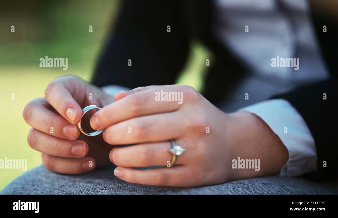 Hands, wedding ring and divorce with depression, grief or loss with ...