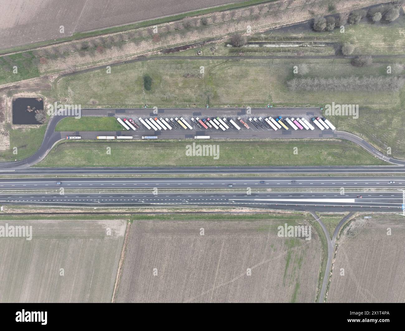 Aerial top down view on truck parking along the road, resting for lorry ...