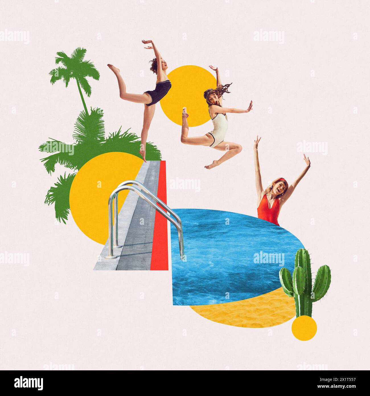 Happy, beautiful, young women in retro swimsuits cheerfully jumping ...