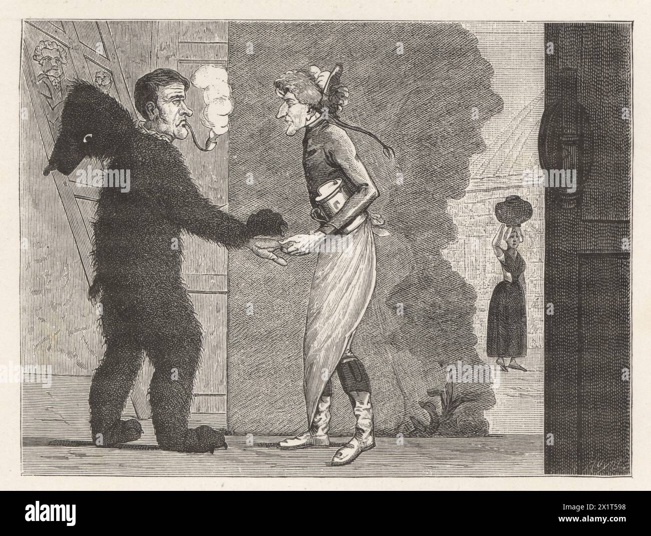 An actor (François Joseph Talma?) in a bear costume smoking a pipe ...