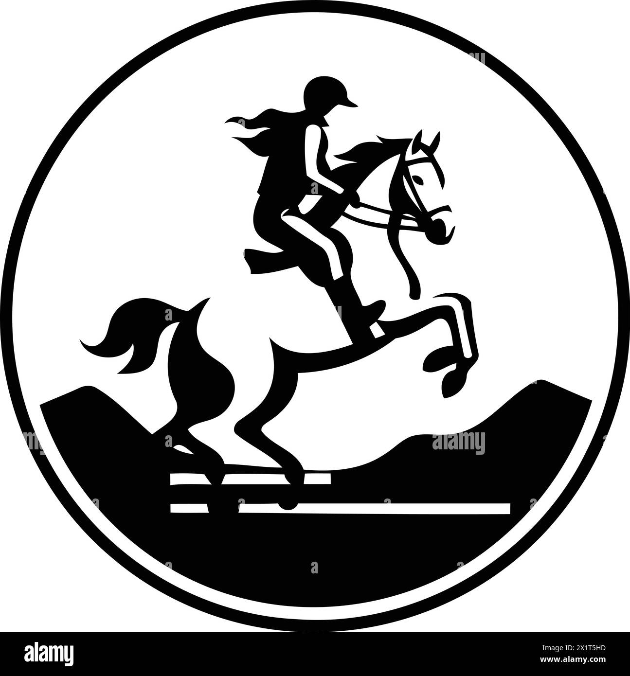 Illustration of a girl riding a horse jumping over an obstacle set ...