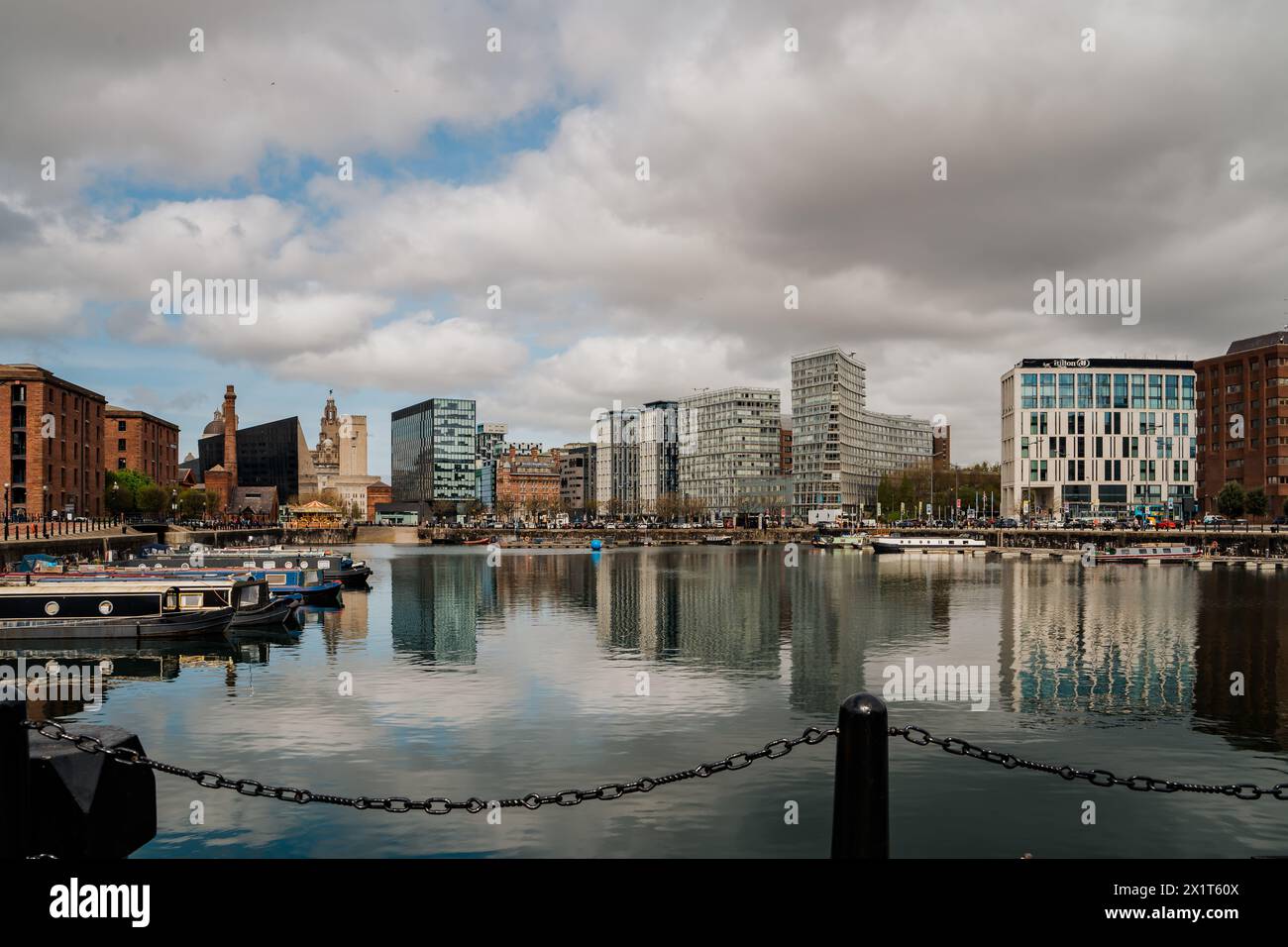 Wide angle panorama of the Albert dock, with the modern buildings ...