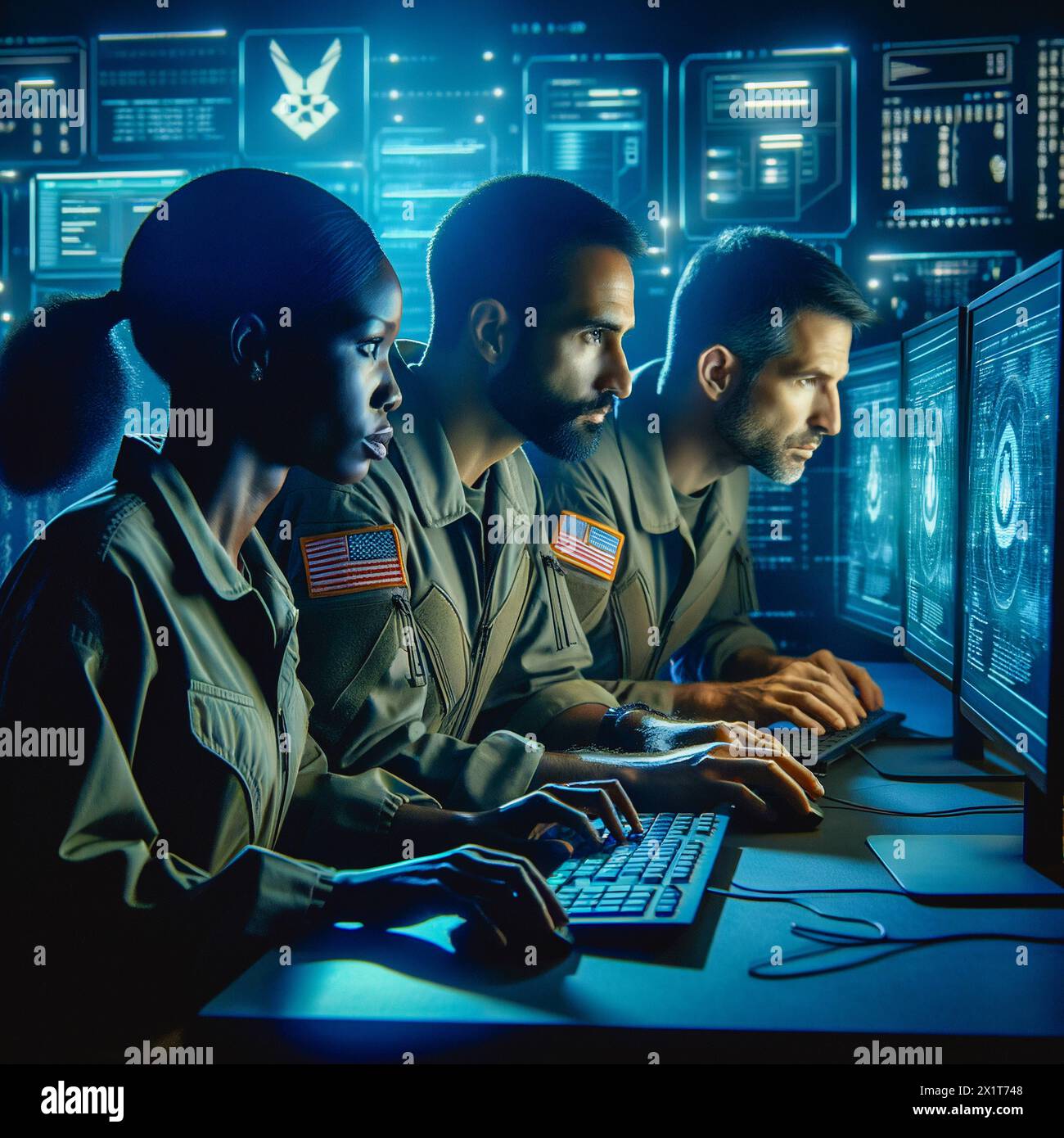 Three military intelligence officers watch computer screens in a ...