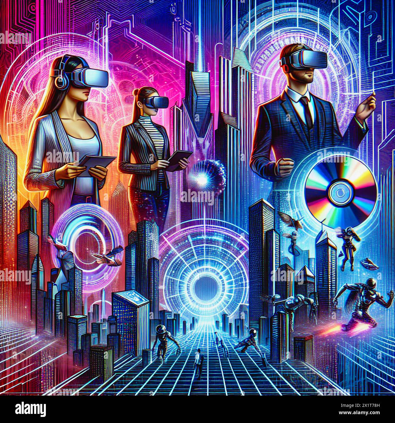 Illustation of three business people wearing VR headsets and carrying ...