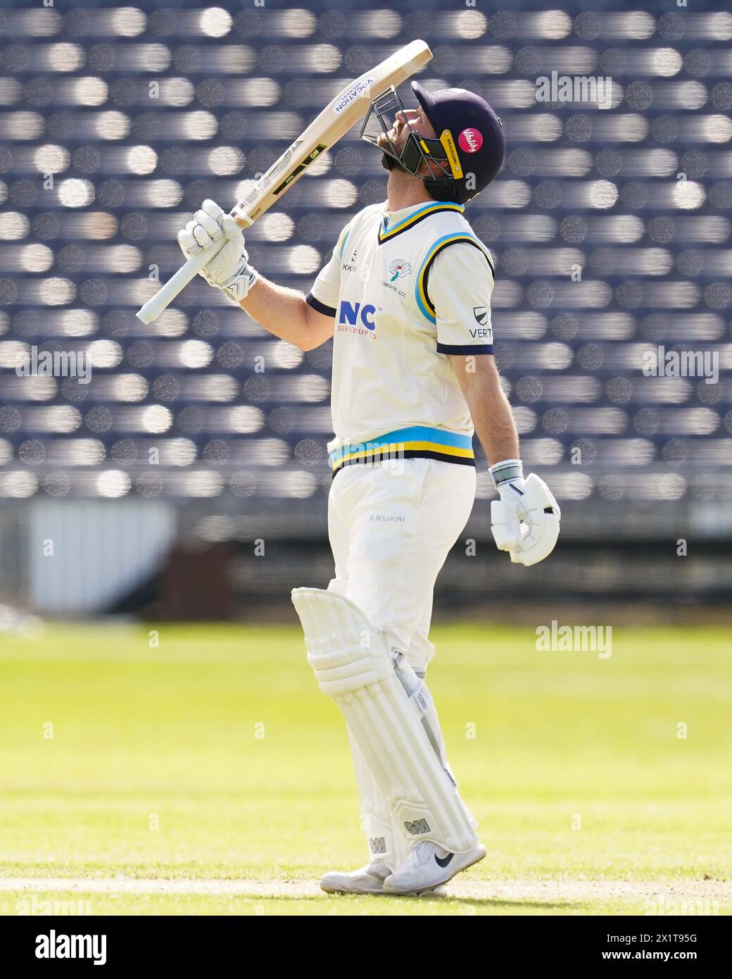 Bristol, UK, 14 April 2024. Yorkshire's Adam Lyth celebrates reaching ...