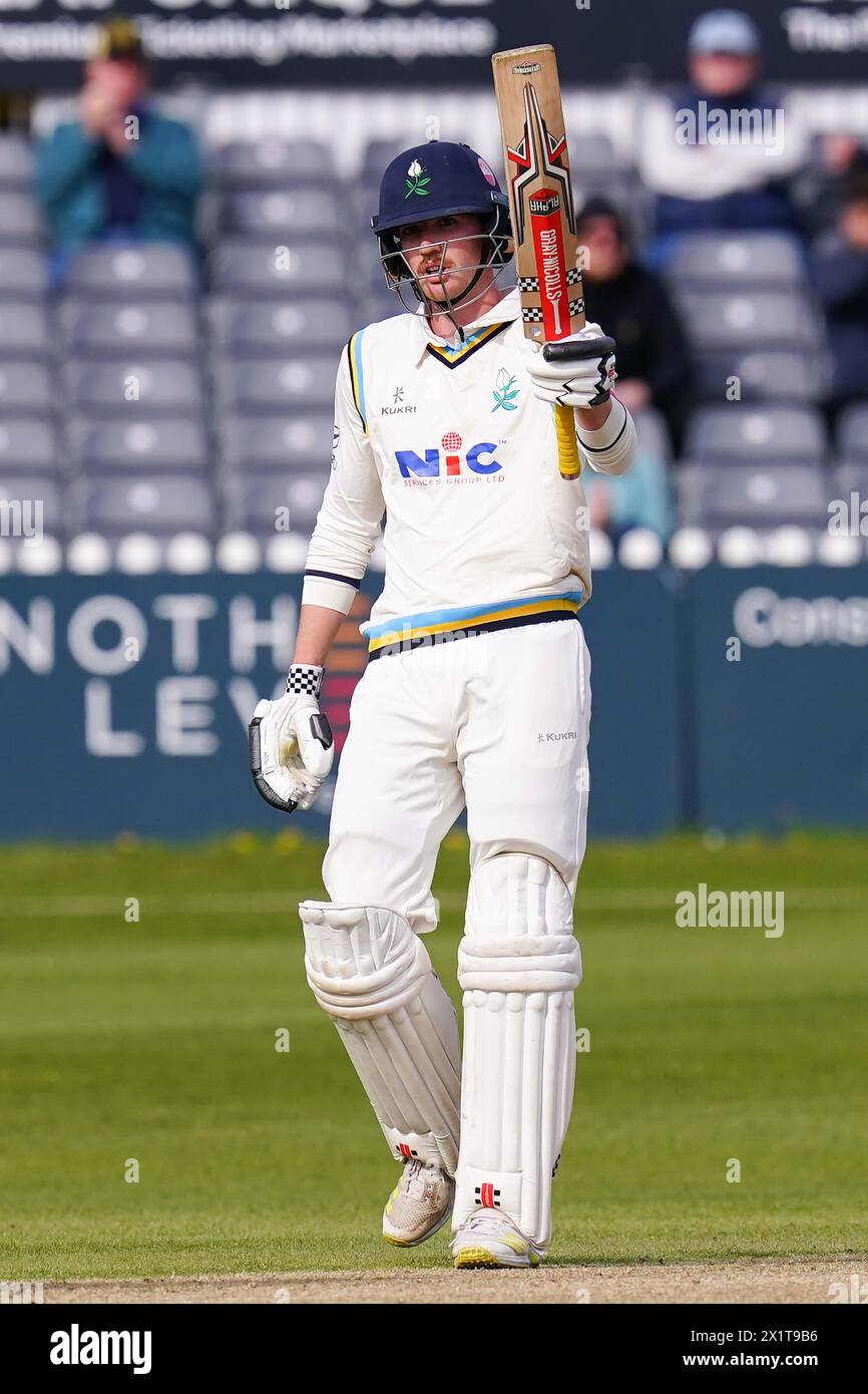 Bristol, UK, 14 April 2024. Yorkshire's George Hill celebrates reaching ...