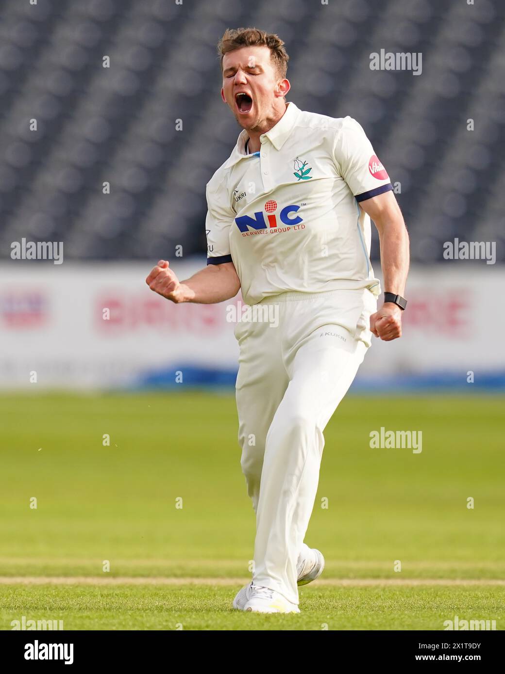 Bristol, UK, 14 April 2024. Yorkshire's Matt Milnes celebrates taking ...