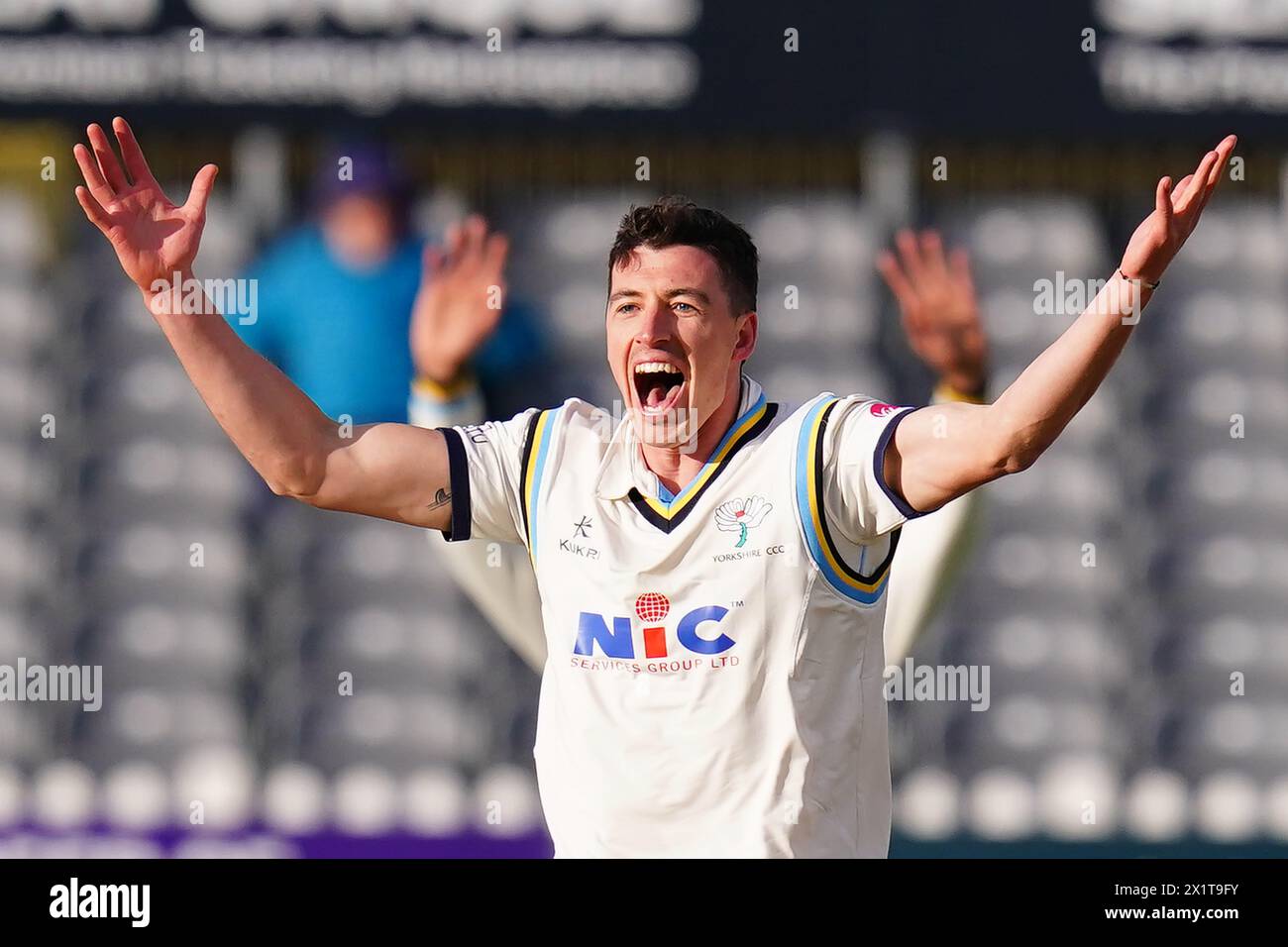 Bristol, UK, 14 April 2024. Yorkshire's Matthew Fisher appeals for LBW ...