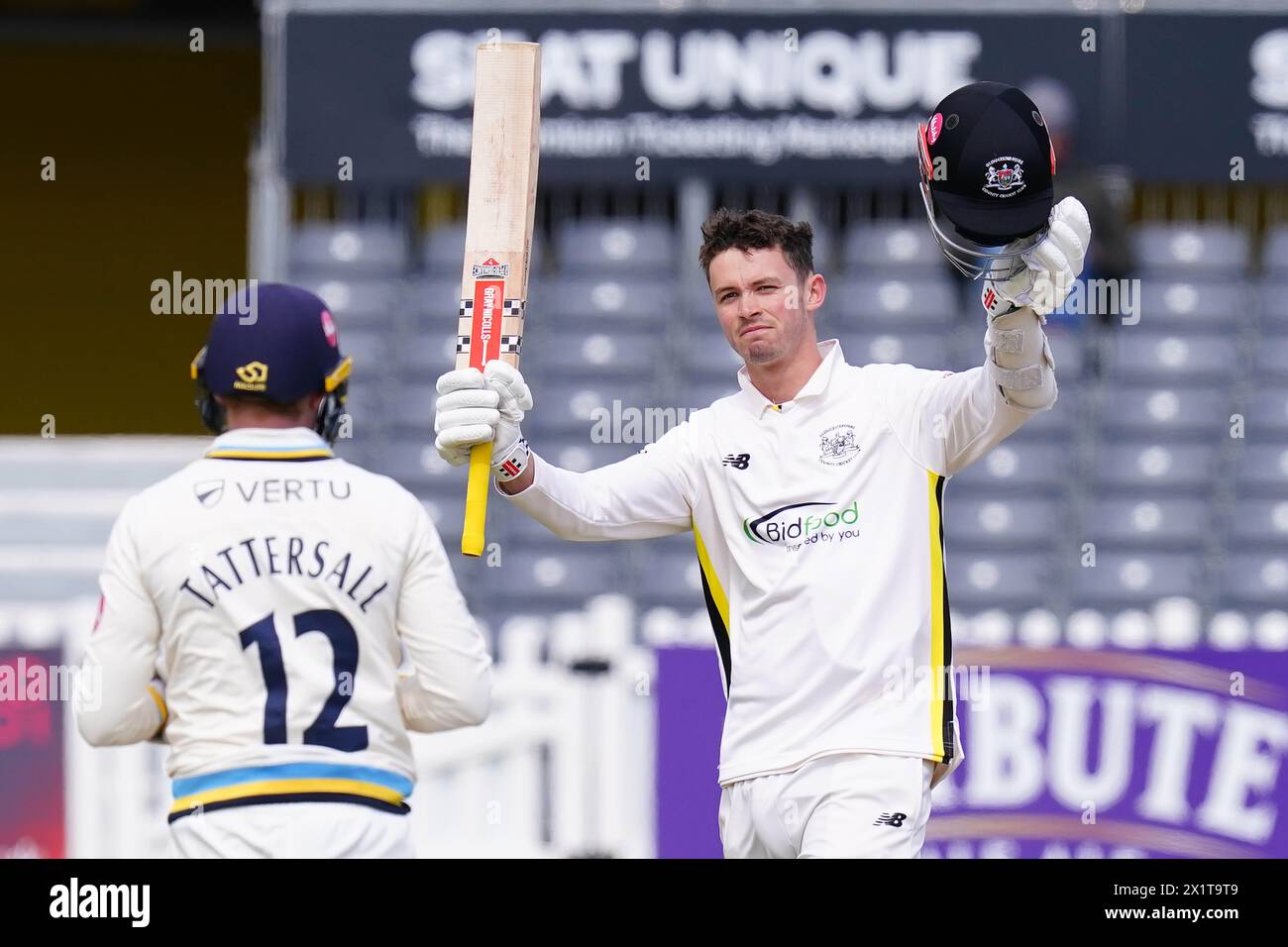 Bristol, UK, 15 April 2024. Gloucestershire's Ollie Price celebrates ...