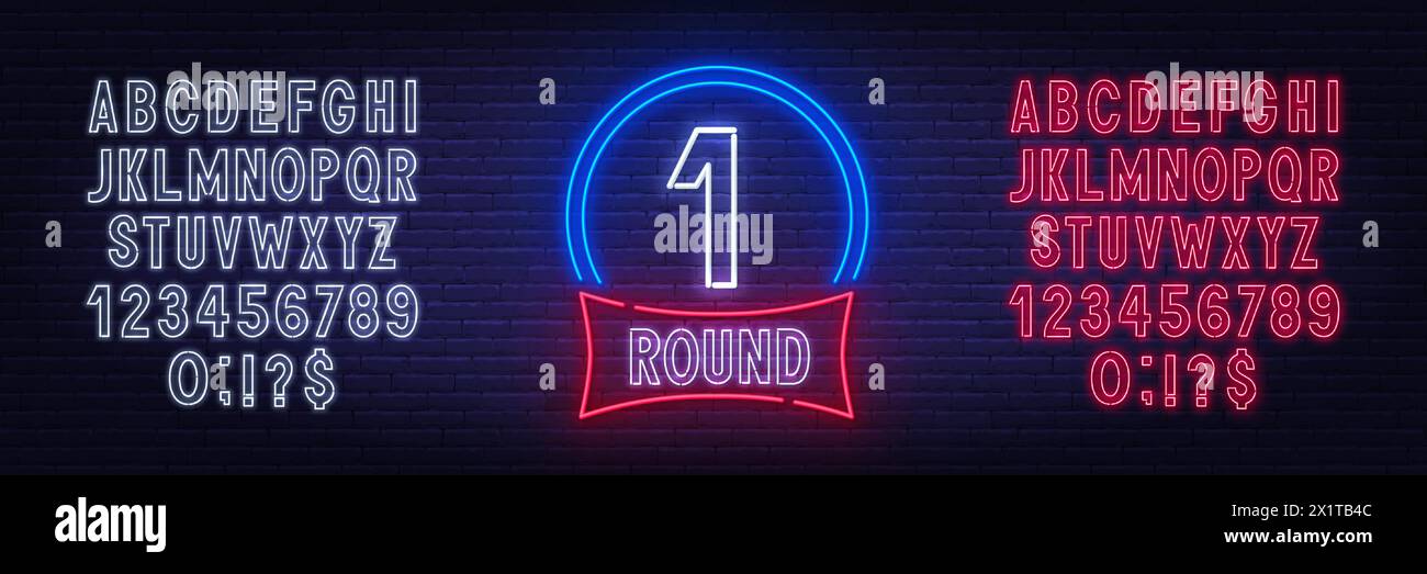 Round One neon sign on brick wall background. Template with red and ...