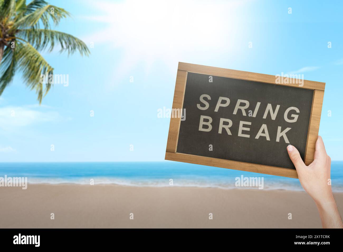 Human hand holding small chalkboard with Spring Break text on the beach ...