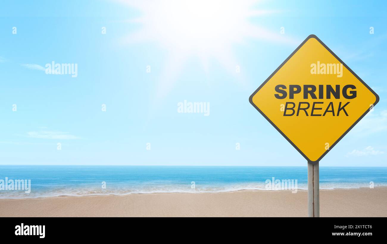 Yellow sign pole with Spring Break text on the beach. Spring break ...