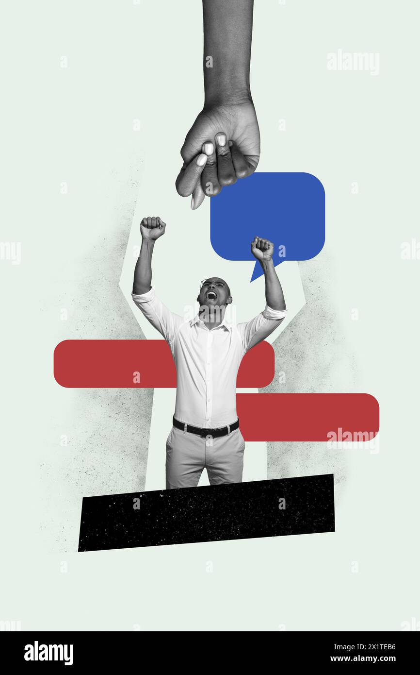 Vertical photo collage of angry man shout hand show fig gesture rude ...