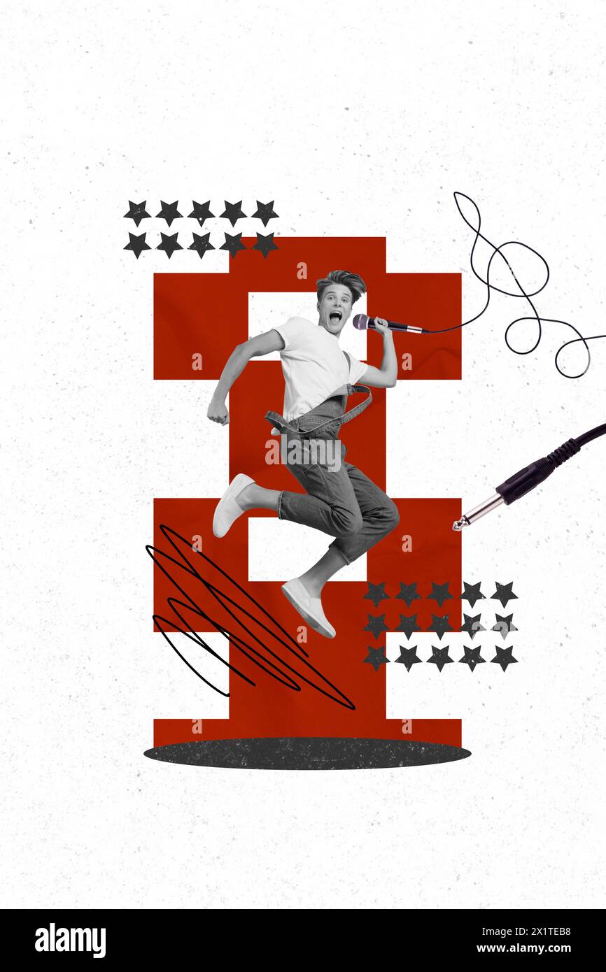 Vertical photo collage of shocked guy singer jump concert off ...