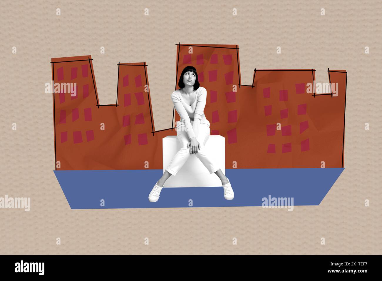 Composite photo collage of sad depressed woman sit street building town ...