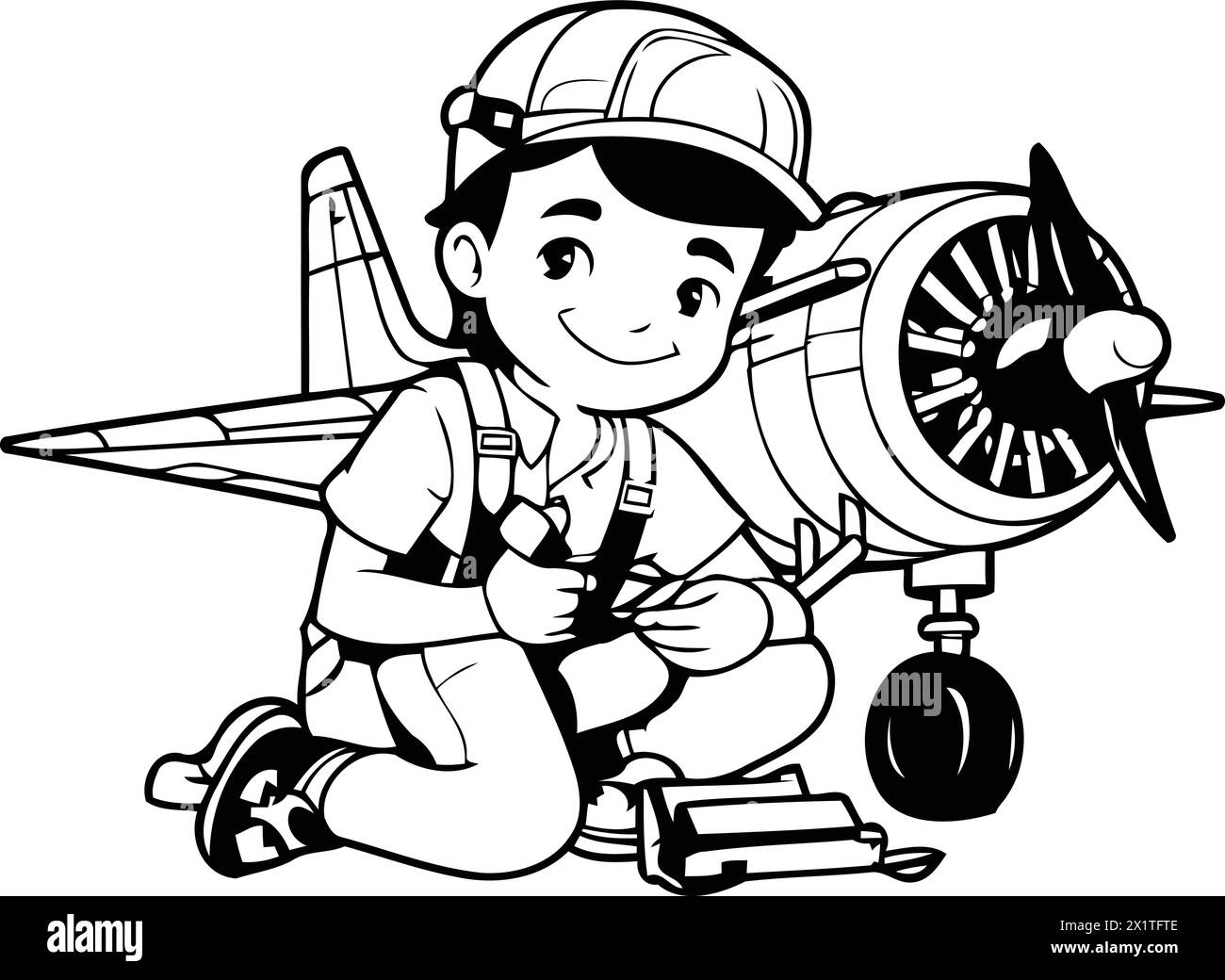 Cartoon pilot with airplane. Vector illustration on a white background ...