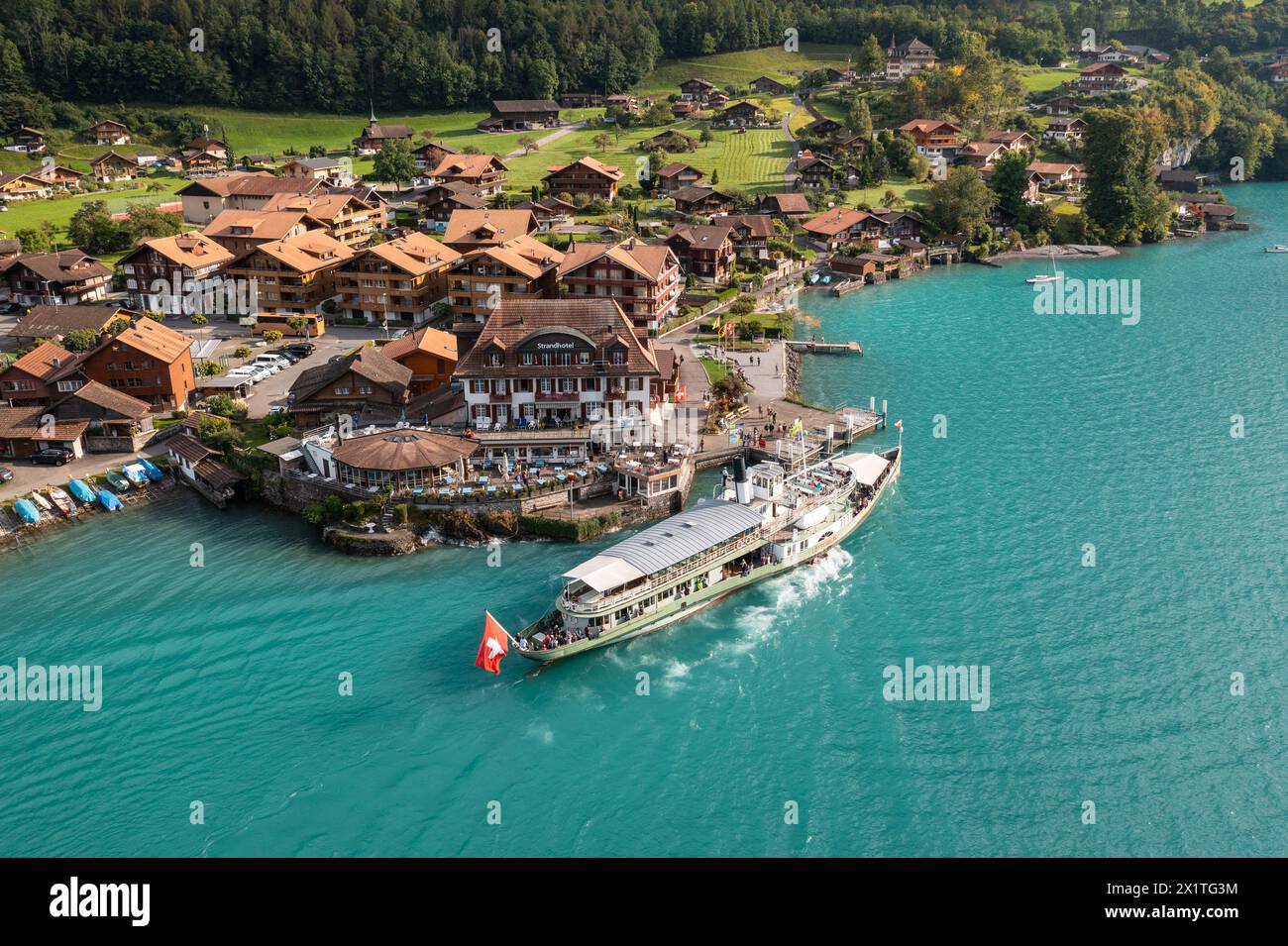 Iseltwald, Switzerland - September 11 2021: Aerial view of the ...