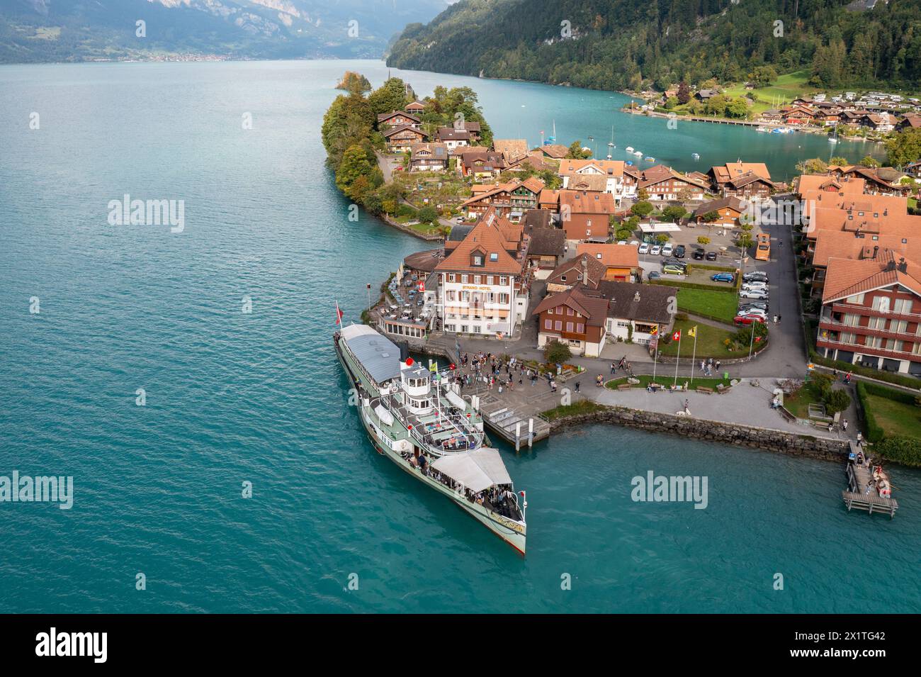 Iseltwald, Switzerland - September 11 2021: Aerial view of the ...