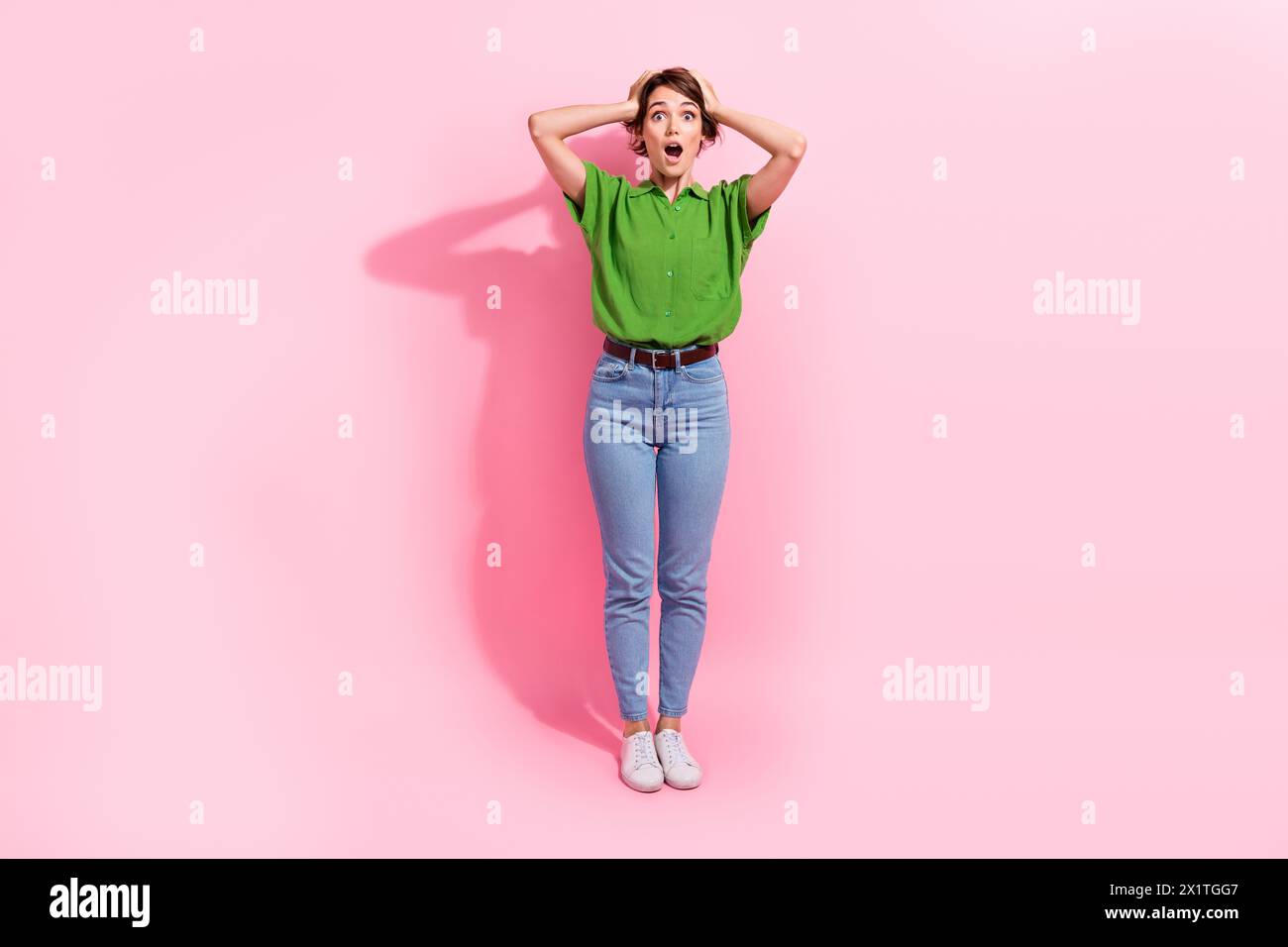 Full body portrait of speechless shocked lady arms touch head open ...