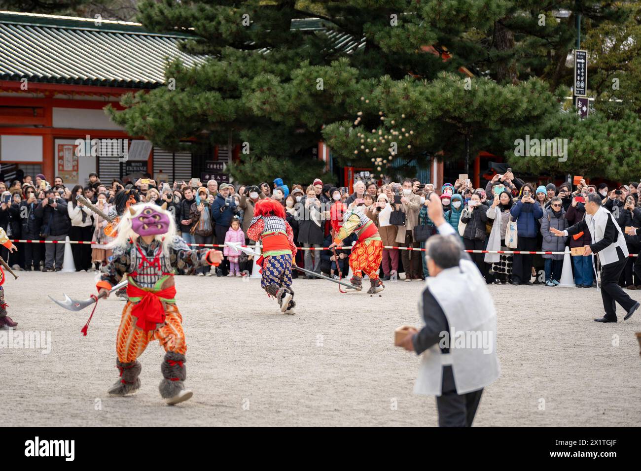 Heian Jingu Shrine Setsubun festival. Performers wearing an oni ( demon ...