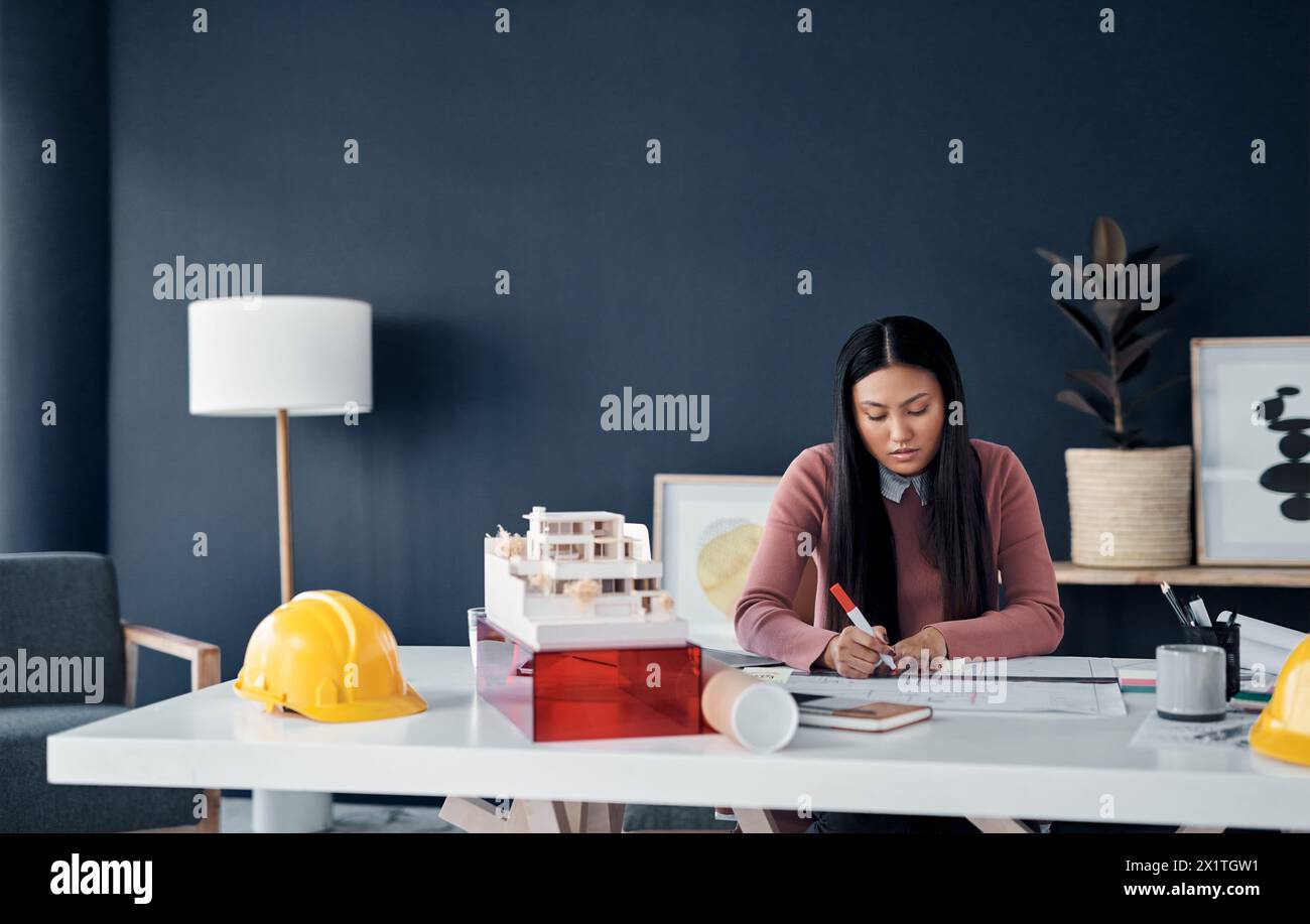 Architect, woman and drawing on blueprint with planning for business ...