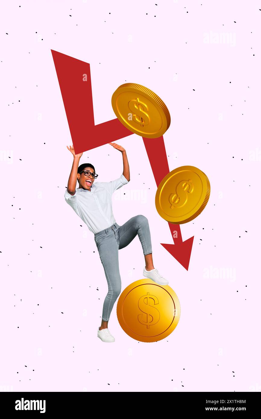 Vertical creative picture collage young woman try prevent falling arrow ...