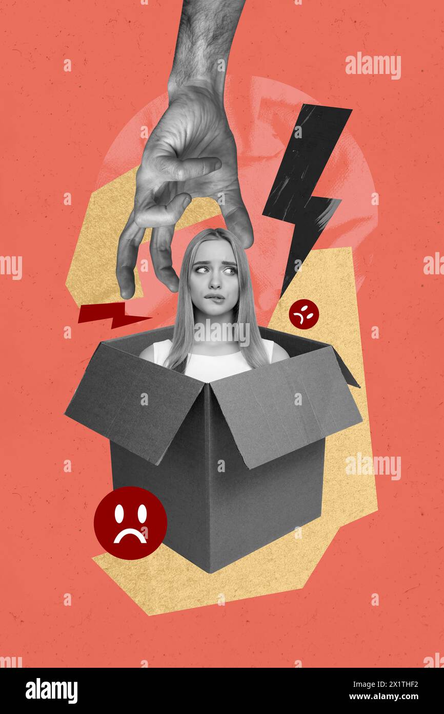 Composite collage picture image of stop violence scared female hide box ...